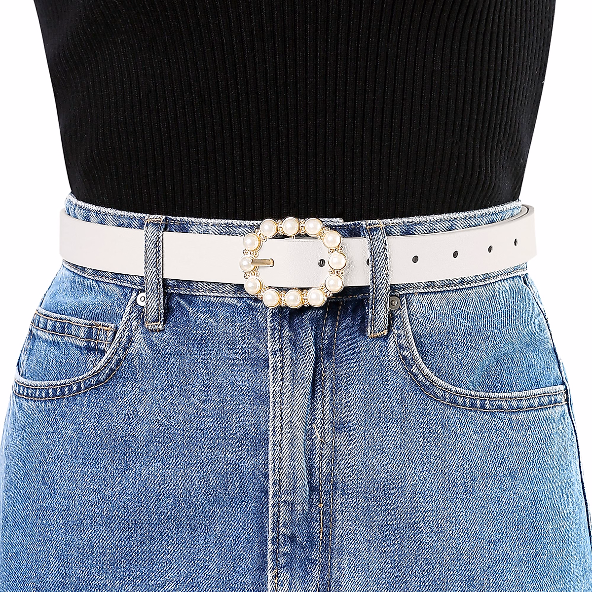Allegra K Womens Pearl Waistband Skinny Leather Adjustable Pin Buckle Belt for Jeans Dresses Pants 75-90cm/29.53"-35.43" White