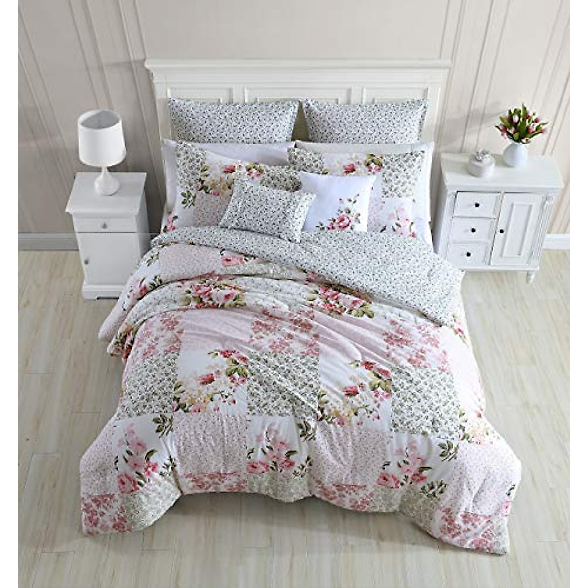Laura Ashley Home - King Comforter Set, Reversible Cotton Bedding, Includes Matching Shams with Bonus Euro Shams & Throw Pillows (Ailyn Pink, King)