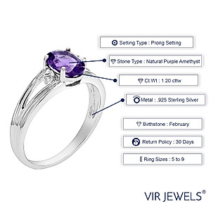 VIR JEWELS 1.20 cttw Purple Amethyst Ring .925 Sterling Silver with Rhodium Oval 8x6 MM Size 9