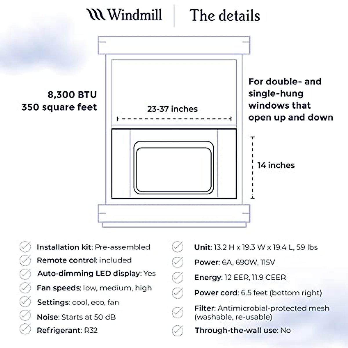 Windmill Air Conditioner: Smart Home AC - Easy to Install - Quiet - Energy Star Efficient - Side Insulation - Auto-Dimming LED Display - App and Voice-Enabled - 8,300 BTU