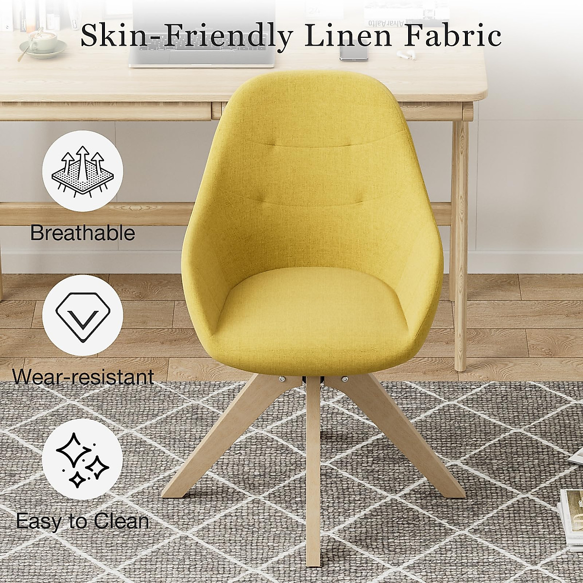 IKIFLY Modern Swivel Accent Chair, Upholstered Armchair Desk Chair No Wheels with Solid Wood Legs, Mid-Century Dining Chair for Dining Living Room Home Office (Yellow)