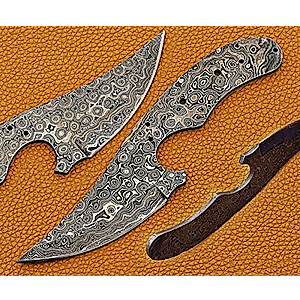 7.5 inches long hand forged rain drop pattern Damascus steel trailing point blank blade skinning knife, 3" long sharp cutting edge, 4" scale space with 6 pins hole