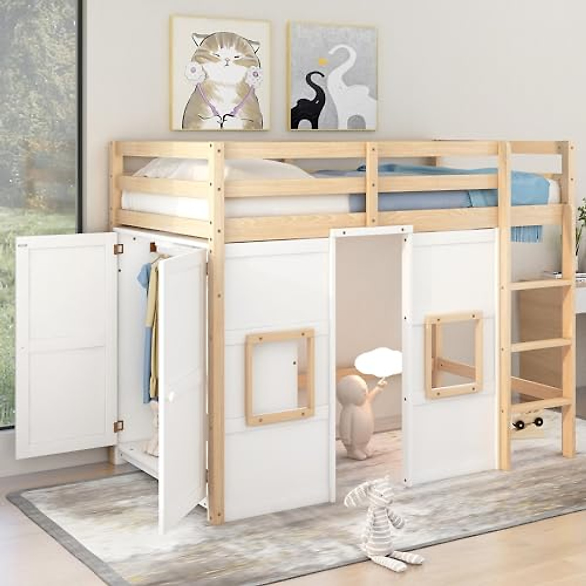BOVZA Twin Size Loft Bed with Built-in Storage Wardrobe and 2 Windows, Wood Playhouse Loft Bed Frame with High Guard Rails for Kids Boys Girls Teens, Natural+White