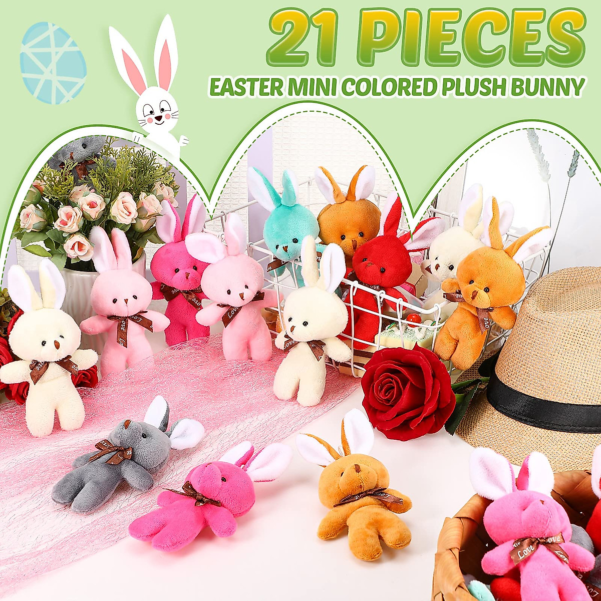 Skylety 21 Pieces Easter Bunny Stuffed Animal Bulk 6.3 Inch Mini Easter Bunny Plush 7 Colors Soft Tiny Plush Toys Small Rabbit Doll Keychain Cute Easter Birthday Party Decorations(Cute Style)