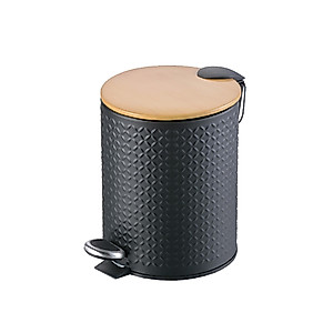 AWENN - Kitchen Garbage Trash Can with Wooden Lid and Pedal - Touchless Round Shape Waste Bin - Stainless Steel Dustbin for Kitchen, Bathroom, Office and Outdoors – Black (1.3 Gallon – 5 Liters)