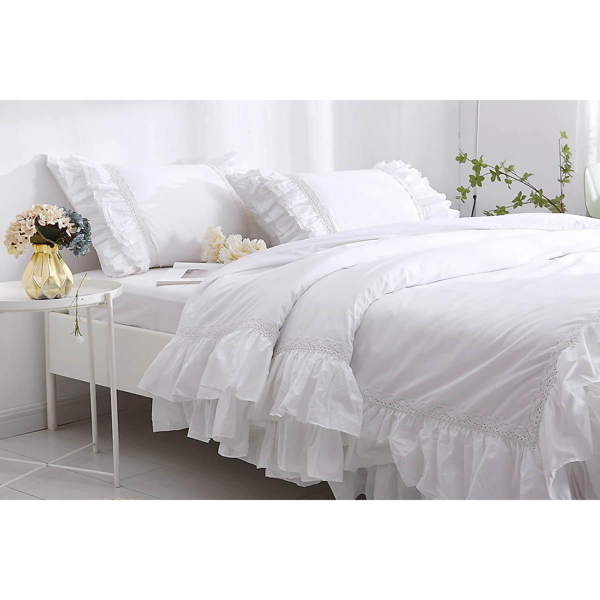 Meaning4 White Twin Duvet Cover with Ruffles and Lace Quilt Cover Egypt Cotton 68x90 Inch 1 Pieces Solid (Not Include Pillowcases and Insert)