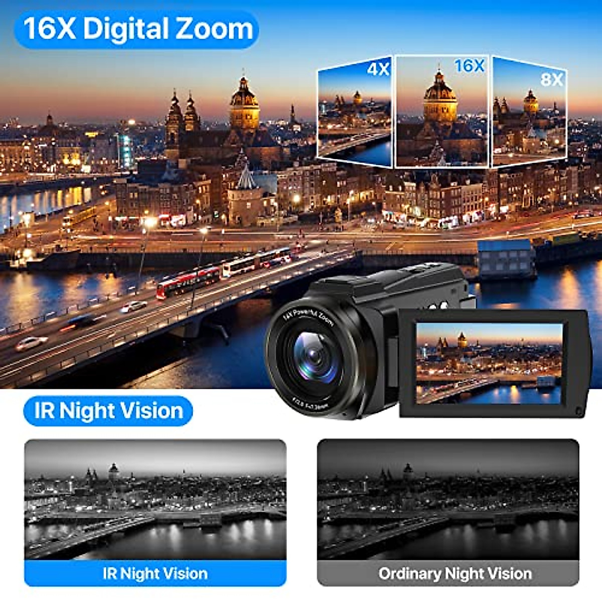 4K Video Camera Camcorder 48MP UHD WiFi IR Night Vision Vlogging Camera for YouTube 16X Digital Zoom Touch Screen Camera Recorder with Microphone, Handheld Stabilizer, Lens Hood, Remote,2 Batteries