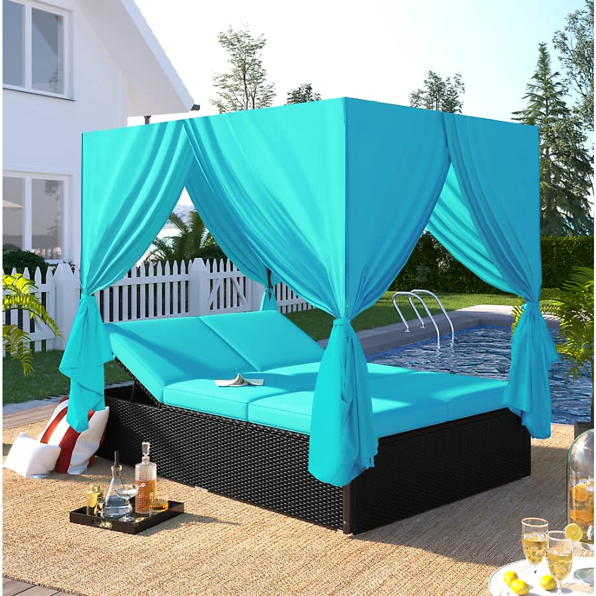 Ufurpie Outdoor daybed with Canopy,Sunlounger with Curtains,Poly Rattan Outdoor Lounge Sunbed for Backyard Multi Colors (Blue)