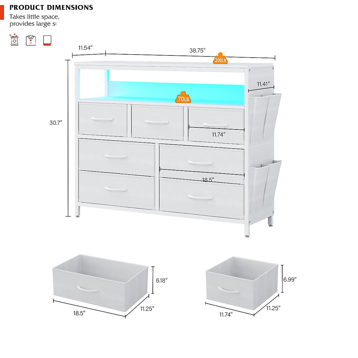 CollaredEagle 7 Drawer Dresser with Charging Station, TV Stand Fabric Storage Tower for Bedroom,Storage Drawers with LED, Wooden Top for TV up to 43 inch, for Bedroom, Living Room, Entryway, White