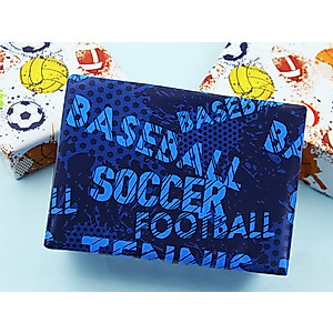 Sports Gift Double Side Reversible Wrapping Paper 4 Sheets Folded Flat 20x30 inches per sheet, Rugby Basketball Tennis Baseball Football Soccer Volleyball Gift Wrap Paper For Boys Men Women Kids Unique Xmas Decorative Paper and Birthday Holiday
