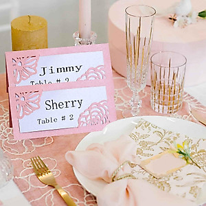 Laser Cut Rose Place Cards Pink Tented Name Card Folded Cards Blank Cardstock,Hollow Name Seat Card for Wedding, Banquet tables,Table Setting, Buffet, Baby Shower, Bridal Shower (50 Pcs)