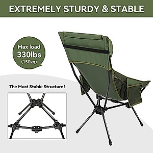 TOBTOS High Back Camping Chair, Lightweight Camping Chair with Headrest, Stable Portable Folding Chair for Outdoor Camp, Hiking, Backpacking (Green)