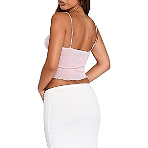 Kavousa Women Y2K Cami Tops Spaghetti Strap Tank Top Sexy V-Neck Slim Fit Camisoles Cute Summer Sheer Crop Top (Sheer Pink, S)