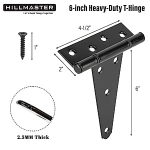 HILLMASTER 6 Inch T-Strap Heavy Duty Shed Door Hinges Gate Strap Hinges Black Tee Hinge Wrought Hardware for Wooden Fences,Yard,Barn Door,Rustproof(2 Pack)