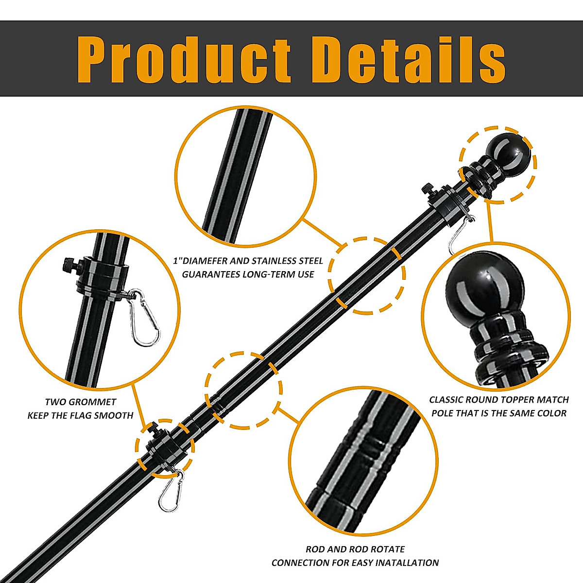 PPeen Flag Pole Kit for Outside House 6ft Stainless Steel Black Flagpole Wall Mounted Tangle Free American Flagpole for Residential Porch Garden Yard Truck Boat Commercial(only flagpole)