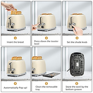 Toaster 2 Slice,1.5"Extra Wide Slots Toaster,Retro Stainless Steel with Bagel, Cancel, Defrost, Reheat Function and 6-Shade Settings, Removal Crumb Tray (Cream)