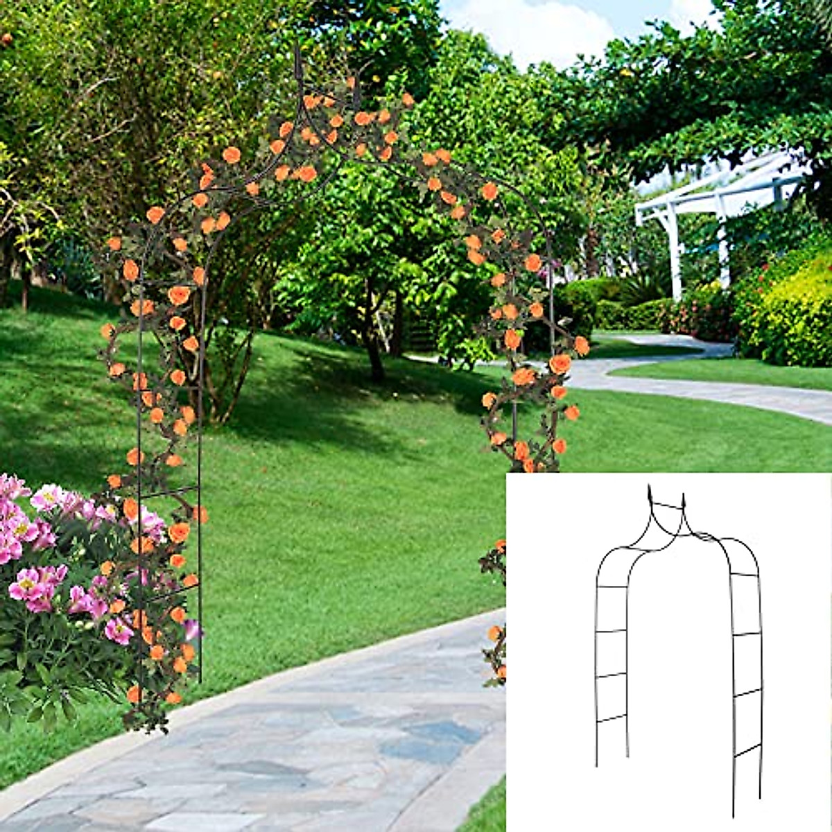 Peach Tree Outdoor Garden Arch Gothic 8' 4" H x 4' 7" W Arbor Iron Black Trellis Metal Weather Resistant Wall Art Climbing Plant Growing Lawn Backyard