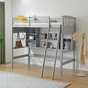 Karl home Loft Bed Twin Size, Wood Bed Frame with Safety Guardrails and Inclined Ladders, Bunk Bed with Desk and Shelves, Grey