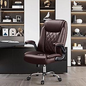 Shahoo Executive Office Chair, Ergonomic High Back with Adjustable Flip-up Armrest, Swivel Leather-Papped Seats with Lumbar Support, Brown