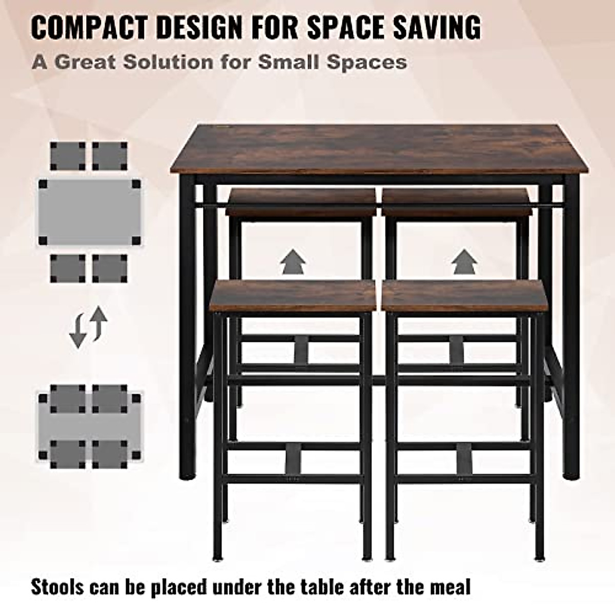 VEVOR Bar Table and Chairs Set 47" Pub Table Set with 4 Bar Stools Kitchen Dining Table and Chairs Set for 4 Iron Frame Counter Height Dining Sets for Home, Kitchen, Living Room