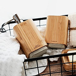 Bamboo Bathroom Accessories Set, Bamboo Wood Bathroom Accessories Include Bamboo Soap Dispenser, Tumbler, Soap Dish, with Concrete Base
