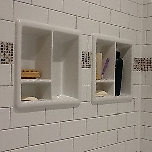 3 USA made Ceramic Recessed Shower Niche 3 compartment shampoo shelf. Easy Install, Easy Clean, Sanitary, Will not Rust or Black Mold, Holds 1-32 oz shampoo, conditioner bottles, Soap Holder 3C