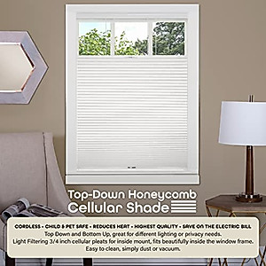 Cordless Cellular Pleated Window Shades - 35 Inch Width, 64 Inch Length - White - Light Filtering Top-Down Honeycomb Pull Down Blinds for Windows and Skylights by Achim Home Decor