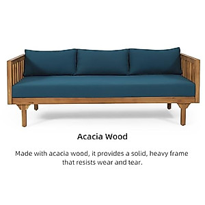 Merax Outdoor 3 Seater Daybed, Acacia Wood Day Bed Couch Sofa with Cushions for Patio Backyard, Garden, Blue