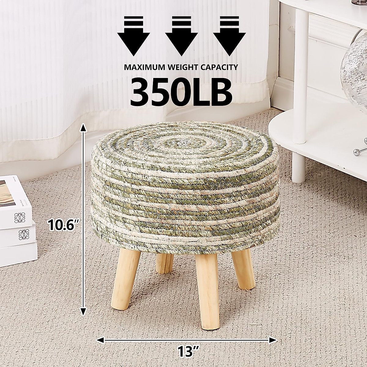 Cpintltr Round Ottoman Natural Seagrass Footstool Poufs Hand Weave Eco Friendly Sofa Foot Stool Soft Step Stool Boho Accent Padded Foot Rest with Pine Legs for Living Room Bedroom Mixed Green
