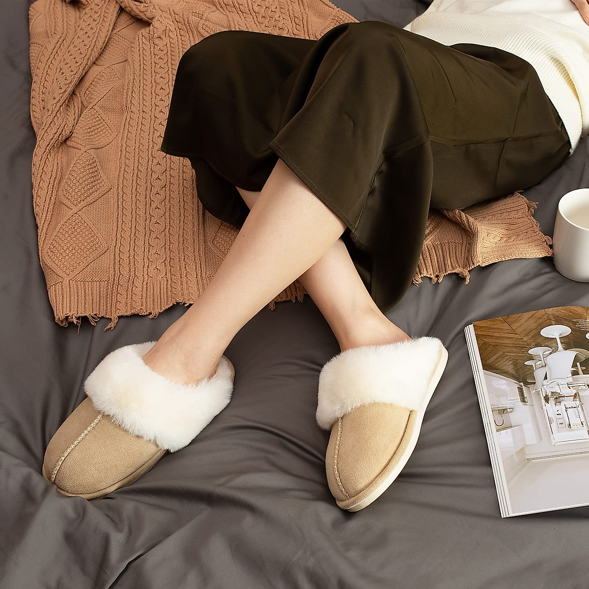 Parlovable Women's Slippers Fuzzy Warm Comfy Faux Fur Slip-on Fluffy Bedroom House Shoes Memory Foam Suede Cozy Plush Breathable Anti-Slip Indoor & Outdoor Winter Beige 7-8