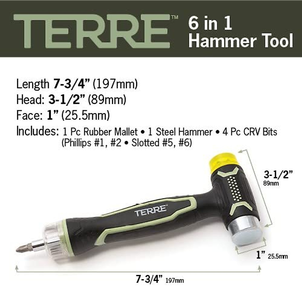 Terre Products, 6 in 1 Double Faced Hammer Tool, Small Rubber Mallet Hammer, Built-In Multi Bit Screwdriver, Ergonomic Non-Slip TPR Handle, Perfect for Crafts, Jewelry, Wood, Auto, and Flooring