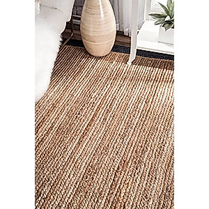 Rangneel Handloom Beige with Blue Border Handmade Rustic Rectanglular Jute Rug (8x11 Feet)