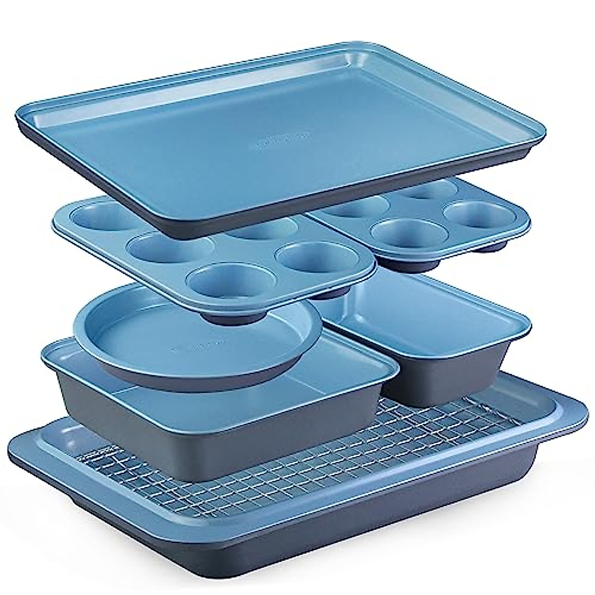 Baking Pans Set with Nonstick Coating - UltraThick Professional 8-Piece Bi-Color Pans including Cookie Sheet, Muffin, Loaf, Cake Pans, and Cooling Rack - Heavy Duty, Dishwasher Safe (Grey&Blue)