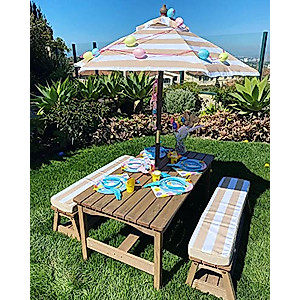 KidKraft Outdoor Wooden Table & Bench Set with Cushions and Umbrella, Kids Backyard Furniture, Espresso with Oatmeal and White Stripe Fabric, Gift for Ages 3-8
