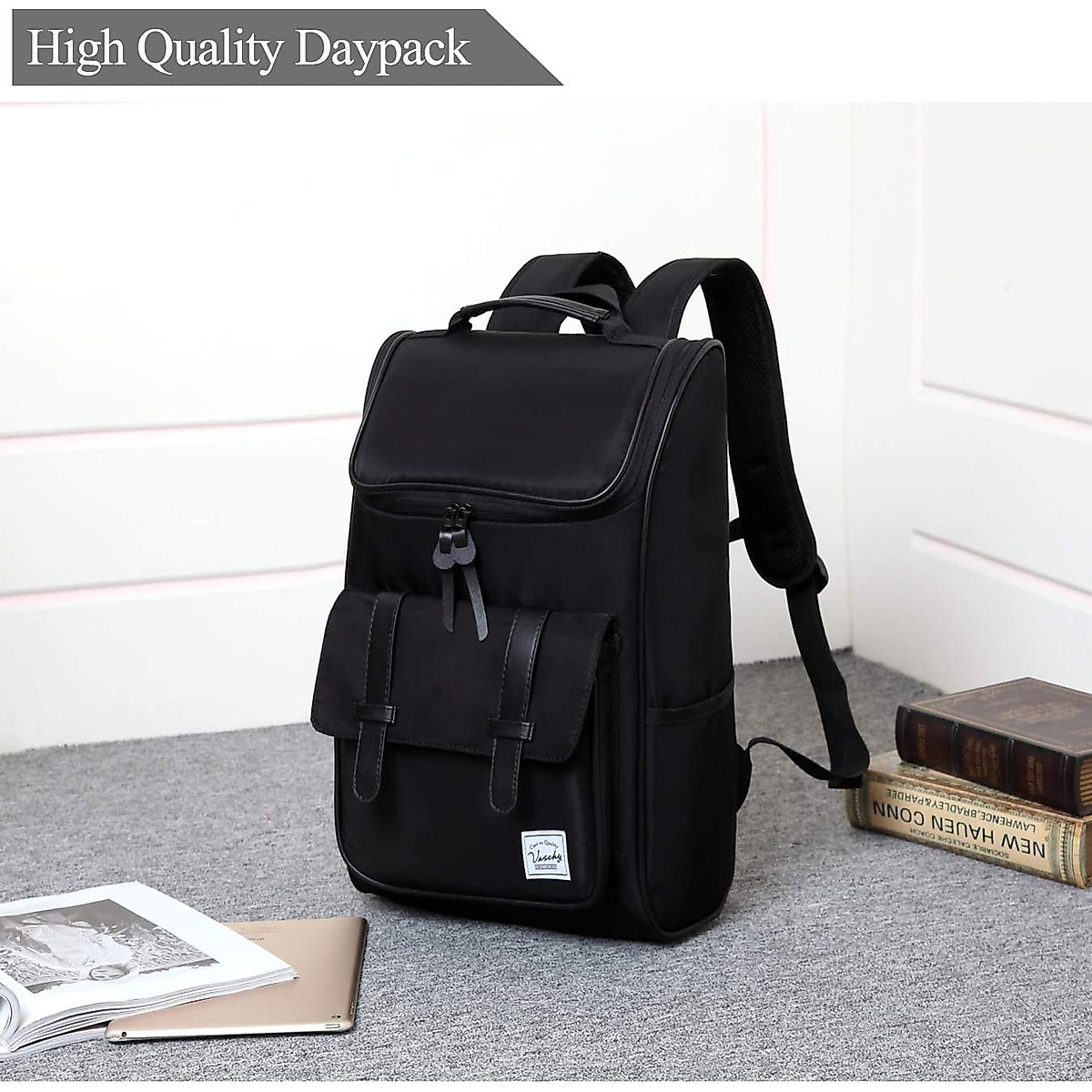 VASCHY Backpack for men, Vintage Water Resistant Daypack Rucksack College School Backpack with Padded 15.6 inch Laptop Compartment