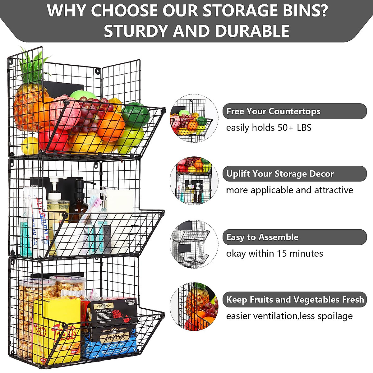 HRAYLTOP 3 Tier Wall Mounted Metal Wire Fruit Storage Basket, Hanging Kitchen Fruit Produce Storage Bins Organizer with S-Hooks and Adjustable Chalkboards, Multipurpose Bathroom Rack/Stand(Black)