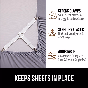 GORILLA GRIP Patent Pending Bed Sheet Straps, Adjustable Elastic Fasteners with Metal Clips, Keep in Place Fitted Bedding Holder, Easy Install Suspenders Mattress, Firm Tight Accessories, 4 Pack White