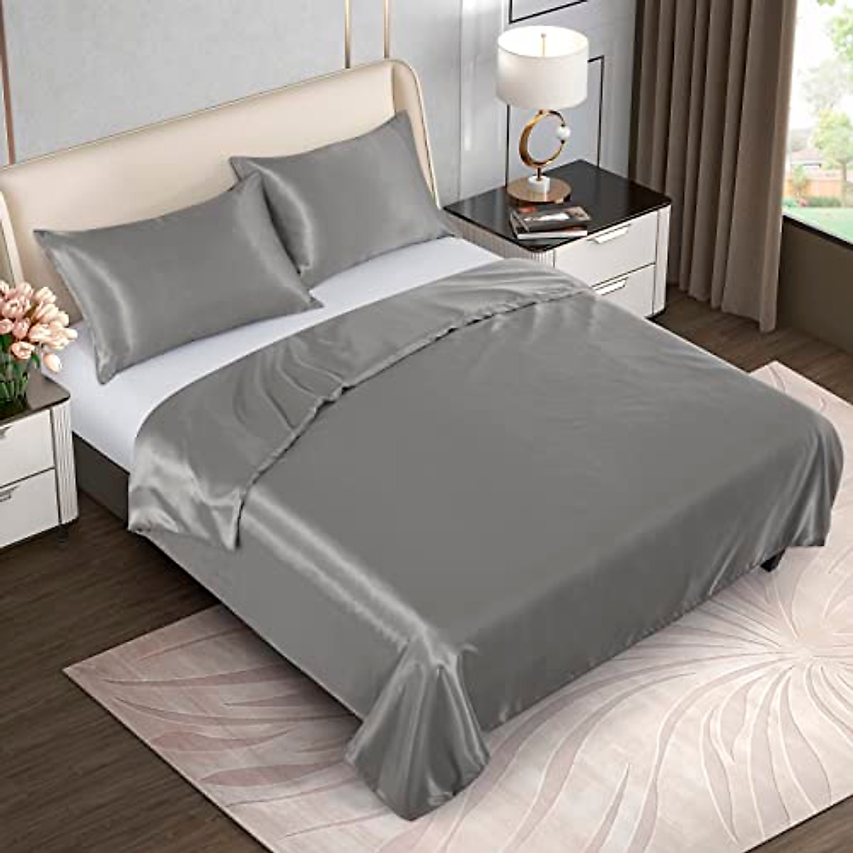 Homiest 60"x80" Duvet Cover for Weighted Blanket, Light Grey Satin Weighted Blanket Cover Full/Queen Size with 8 Ties, Silky & Removable Zippered Duvet Cover Heavy Blanket Duvet Cover for Adults