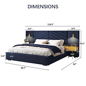DEINPPA Luxury Bed Frame with Built-in Gold LED Lights and Nightstands, King Size Platform Bed with Oversize Upholstered Headboard, No Box Spring Needed-Royal Blue