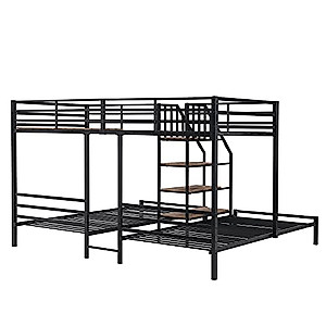 DEYOBED Twin Size L-Shaped Triple Bunk Bed with Storage Stairs, Twin Over Twin & Twin Metal Bed Frame for 3 Kids Teens Girls Boys, Black