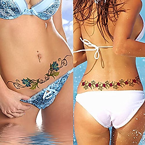 Sexy Flower Navel Tattoo Stickers 12 Sheets Long Belly Abdomen Waist Back Waterproof Temporary Tattoos for Women Girls Fake Body Tattoos