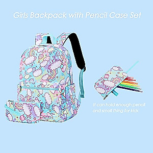 Dafelile Girls Backpack with Pencil Case Set, 2 in 1 Cute Patterns Printed Schoolbag Set Water Resistant Kids Bookbag for Kindergarten Elementary School Girls