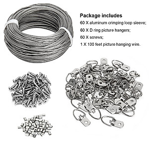 Picture Hanging Kit - 100 Feet Stainless Steel Hanging Wire, 60 Pcs D Ring Picture Hangers with Screws and 60 Pcs Aluminum Crimping Loop Sleeve for Hanging Paintings Photos