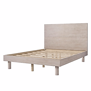 P PURLOVE Platform Bed Full with Headboard, Modern Concise Style Solid Wood Grain Platform Bed Frame with Slats, Wooden Platform for Bedroom, Guest Room (Stone Gray)