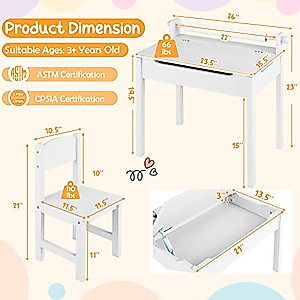Costzon Kids Table and Chair Set, Flip Top Kids Art Craft Table w/Chair for Playroom Kindergarten, Toddler Drawing Writing Desk Set w/Paper Roll & 2 Markers, Gift for Boys Girls Ages 3+ (White)