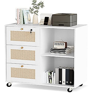 AWQM Wood Filing Cabinet with Lock,3 Drawers Office Storage Cabinet Printer Stand with Open Storage Shelves,Rattan Mobile File Cabinet for Home Office,White