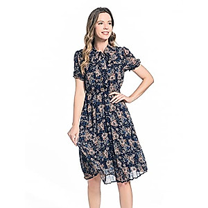 HAOKEKE Women Summer Print Dress Short Sleeves Chiffon Dress Retro Pleated Buttons Down Bow Tie Fairy Lady Dress Blue Flower US 12-14