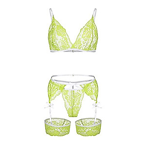 Floral Lace Lingerie Cute for Women V-Neck See Through Naughty Underwear Garter Leg Ring Strappy Sexy Bralette and Panty Set Kinky Chemise Look Bondage Corset for Roleplay Nightdress Green