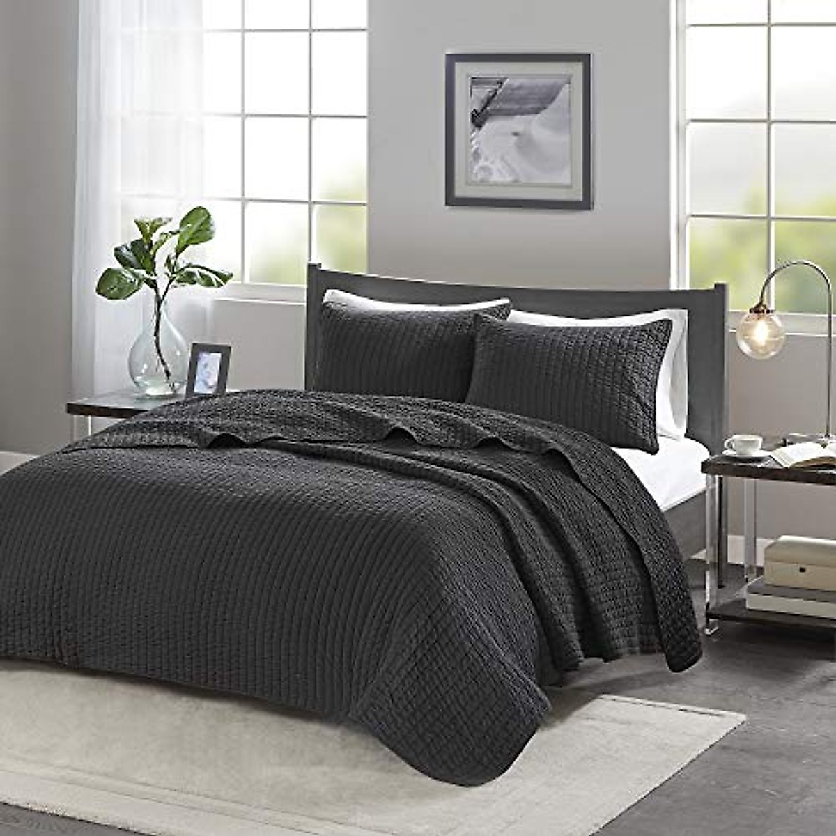 Madison Park Keaton Quilt Set-Casual Channel Stitching Design All Season, Lightweight Coverlet Bedspread Bedding, Shams, King/Cal King(104"x94"), Stripe Black