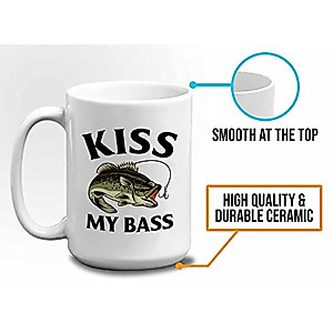 Fishing Coffee Mug 15oz White - Fisher, Retirement Dad - Fishing, Fish Lover, Hook, Bait, Reel, Rod, Spooling, Outdoor Hobby (Kiss Bass)